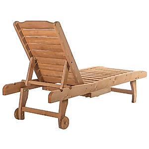 Outsunny Chaise Lounge Chair Outdoor Wooden Pool Lounge Chair with 3-Level Adjustable Backrest, Built-in Table and Rolling Wheels, Sun Tanning Chair for Beach Poolside Sunbathing, Brown Red