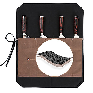 Chef Knife Roll, 16OZ Waxed Canvas Chef Knife Case with Professional Cut-Resistant Fabric & 4 Slots, Durable Knife Case (Black) - 20.5"L x 16.5"W