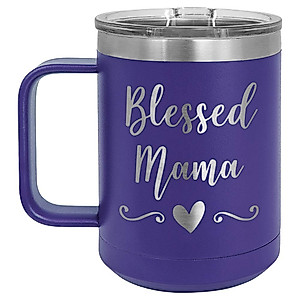 BLESSED MAMA Purple 15 oz Coffee Cup w/Slide Top Lid | Insulated Travel Coffee Mug | Unique Gift Ideas From Women or Men | Compare Price To Yeti Rambler