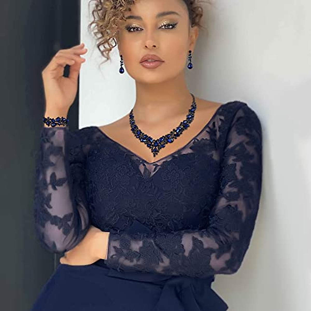 BriLove Wedding Bridal Jewelery for Women Austrian Crystal Teardrop Cluster Statement Necklace Dangle Earrings Link Bracelet Set Navy Blue Sapphire Color Black-Silver-Tone