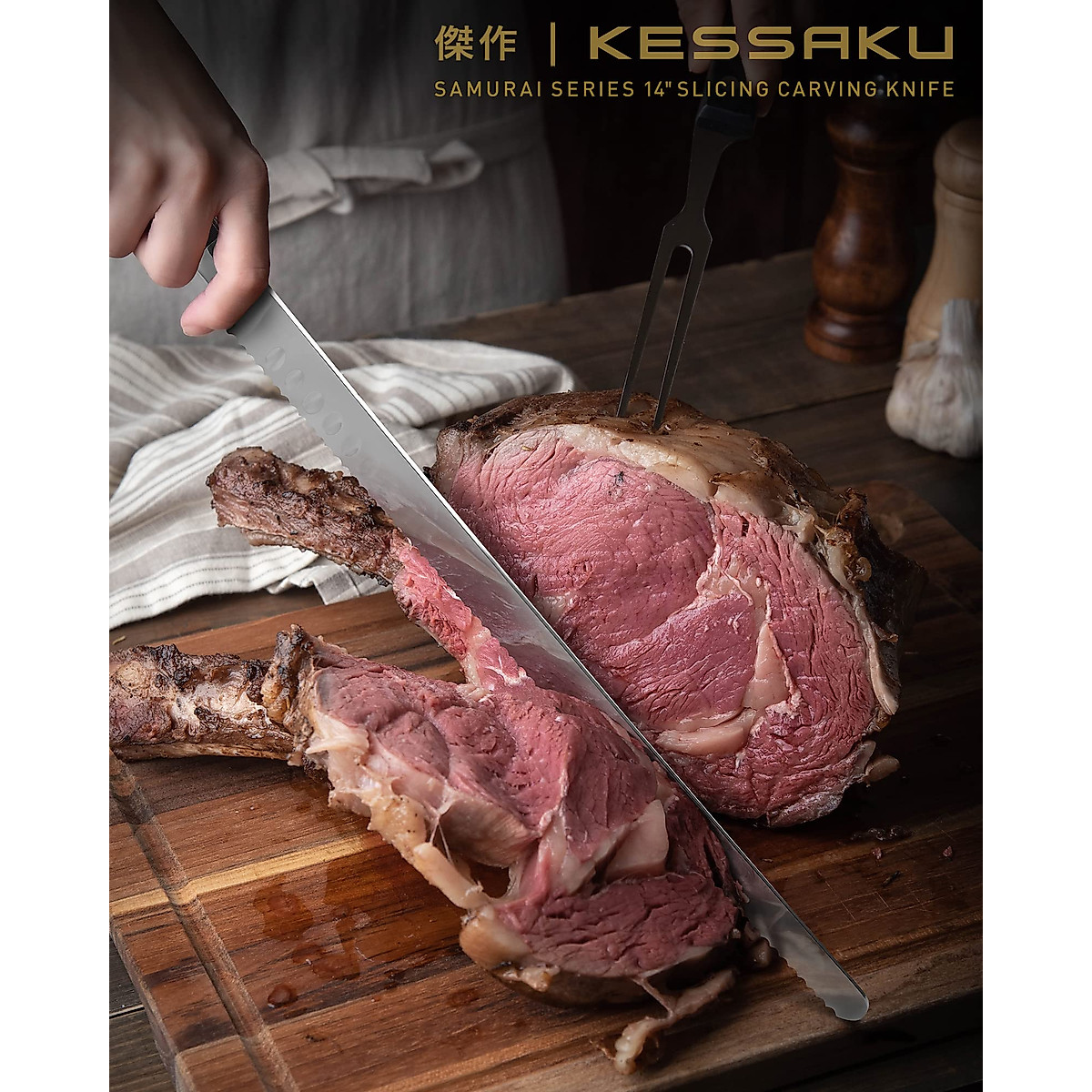 KESSAKU 14-Inch Slicing Carving Knife - Samurai Series - Serrated Granton Edge - Forged High Carbon 7Cr17MoV Stainless Steel - Pakkawood Handle with Blade Guard