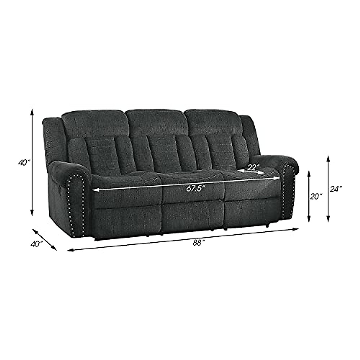 Lexicon Huddart Fabric Double Manual Reclining Sofa, 88" W, Charcoal Gray