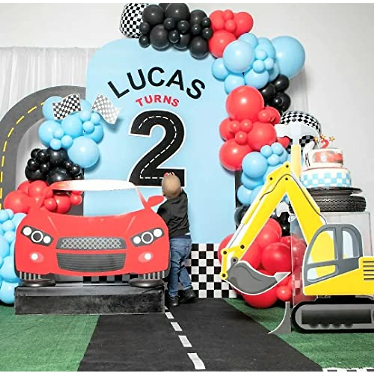Race Car Balloons Arch Garland Kit 148PCS Red Blue Black Checkered Flag Foil Balloon Racing Car Theme Two Fast 2nd Birthday Party Supplies for Boys