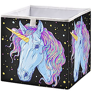 visesunny Closet Baskets Unicorn Colorful Dot Black Pattern Storage Bins Fabric Baskets for Organizing Shelves Foldable Storage Cube Bins for Clothes, Toys, Baby Toiletry, Office Supply
