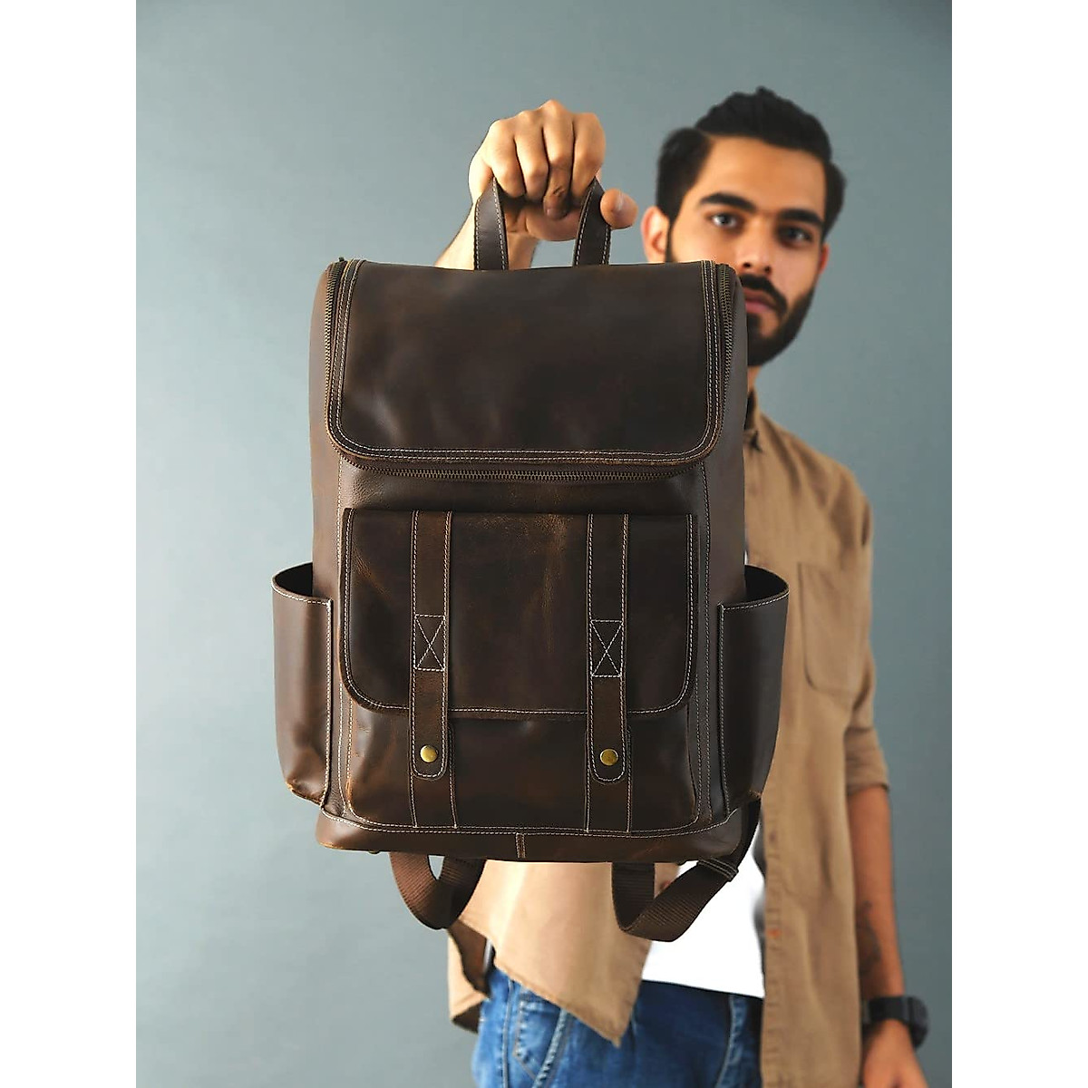 Gratlin Buffalo Leather Backpack for Men & Women 17 Inches | Vintage Genuine Leather Laptop Backpack | Full Grain Brown Leather Rucksack Knapsack with Padded Laptop Sleeve Best for Office Travel Use