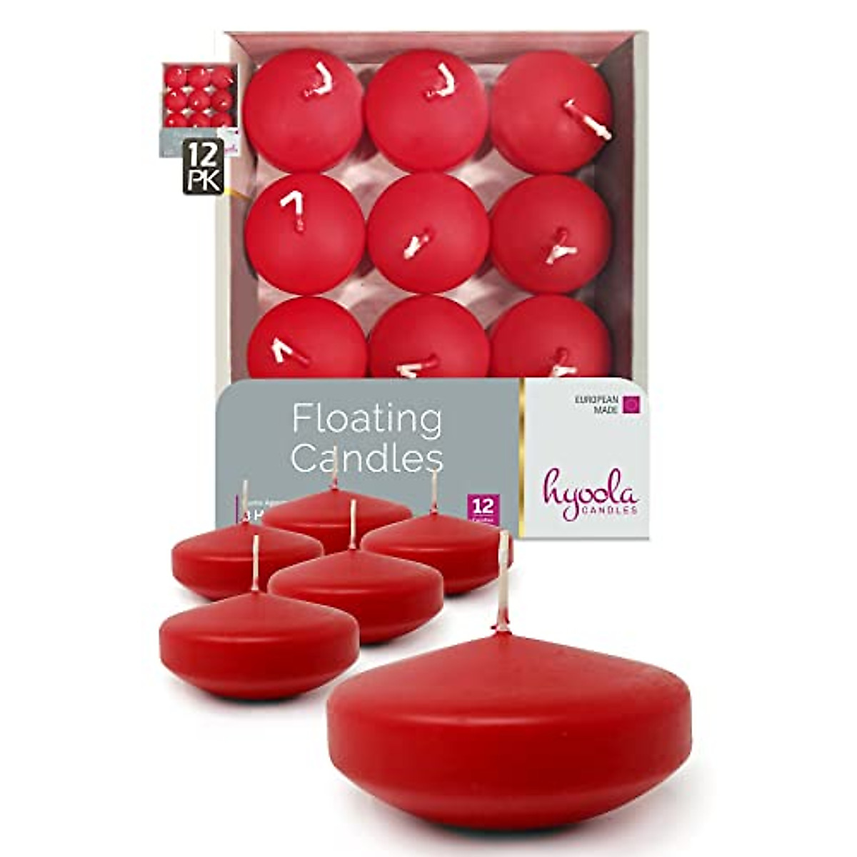 HYOOLA Premium Red Floating Candles 3 Inch - 8 Hour - 12 Pack - European Made