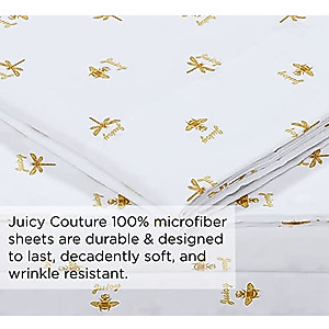 Juicy Couture – Sheet Set | Queen Bee Design Bed Sheets| Twin Size Bedding | 3 Piece Set Fitted Sheet, Flat Sheet and Pillowcase | Deep Pockets, Wrinkle Resistant and Anti Pilling | White and Gold