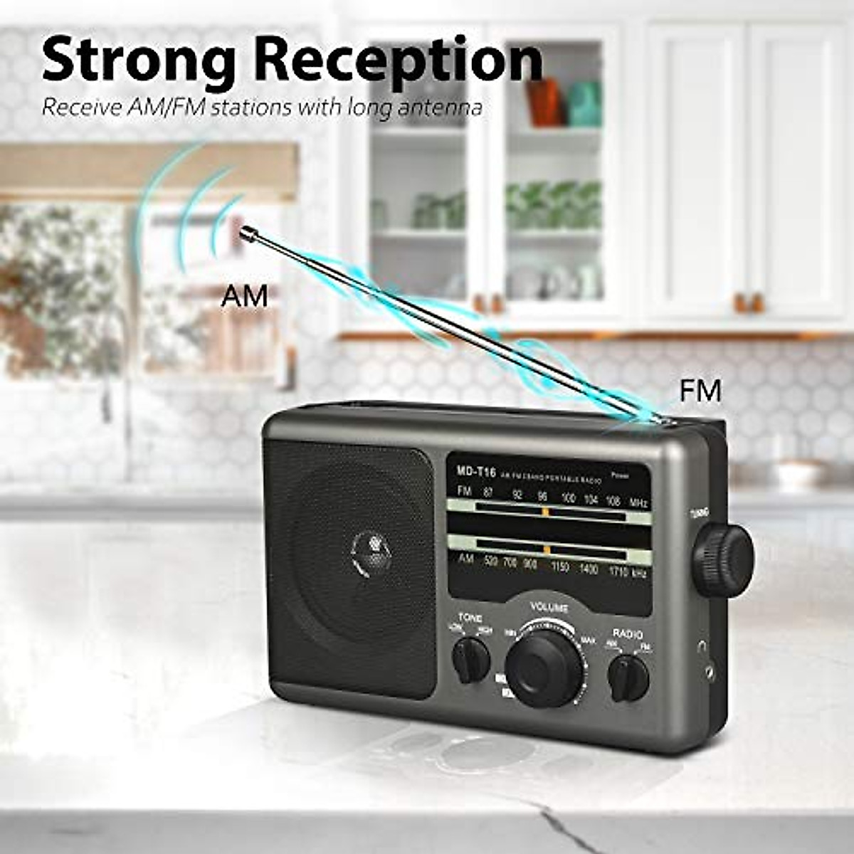 AM FM Portable Radio Transistor Radio with Best Reception, Battery Operated by 4 D Cell Batteries or AC Power, Big Speaker, 3.5 mm Earphone Jack, High/Low Tone Mode for Home, Outdoor, Gift