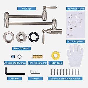 Pot Filler Faucet Brushed Nickel, ARCORA Modern Pot Filler Wall Mount Kitchen Folding Faucet 2 Handle with Double Joint Swing Arms Brass Stove Faucet