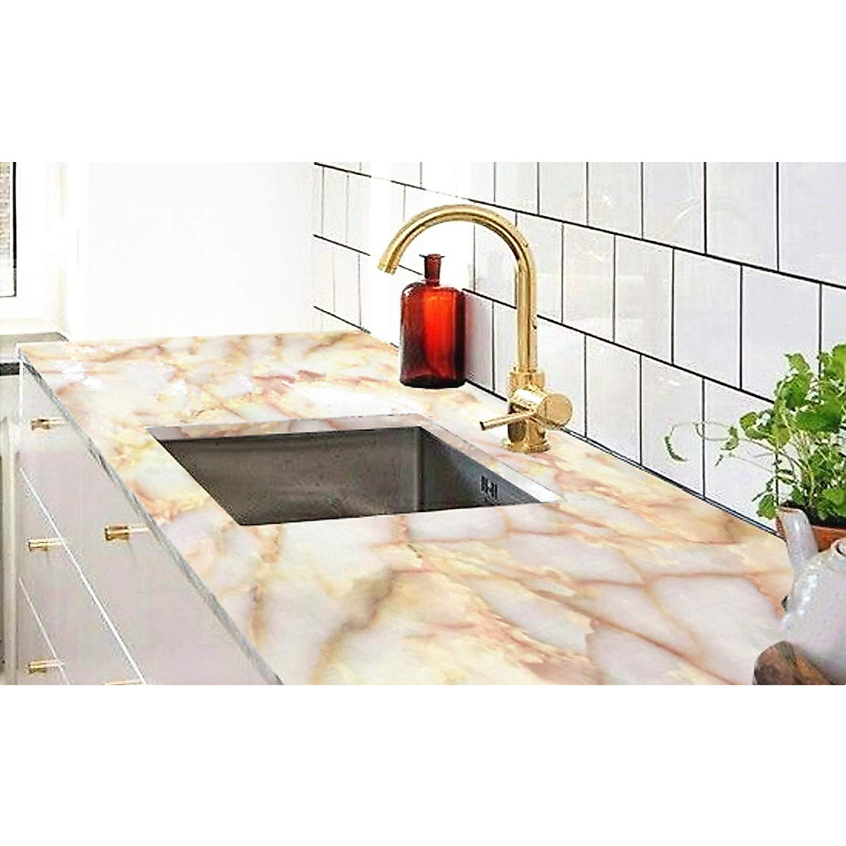 UPREDO Pink Jade Marble Paper Granite Look Effect Countertops Adhesive Paper Gloss Vinyl Film Wallpaper Self Adhesive Removable 15.8inch by 79inch