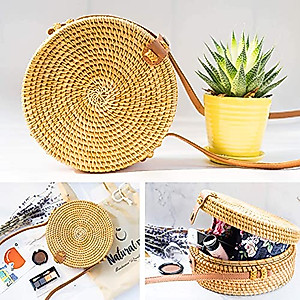 Natural NEO Handwoven Round Rattan Bag Shoulder Leather Straps Natural Chic Hand
