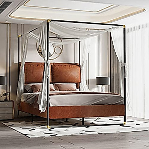 SAMTRA Queen Size Platform Bed Frame Upholstered Faux Leather Bed with Wooden Slat Support, No Box Spring Needed, Sturdy and Noise-Free, Brown