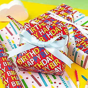 WRAPAHOLIC Birthday Reversible Wrapping Paper - Mini Roll - 17 Inch X 33 Feet - Happy Birthday Lettering on Red Design for Birthday, Holiday, Party, Baby Shower