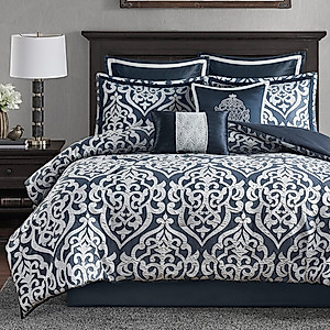 Madison Park Odette Cozy Comforter Set Jacquard Damask Medallion Design - Modern All Season, Down Alternative Bedding, Shams, Decorative Pillows, King(104 in x 92 in), Navy 8 Piece