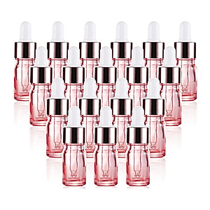 18 Pack,5ml 1/6oz Pink Glass Dropper Bottle for Essential Oils,Empty Glass Eye Dropper Bottle Holder With Glass Pipette,Rose-Golden Caps Cosmetic Perfume Sample Vial Container-Pipette,Stickers,Funnel Included