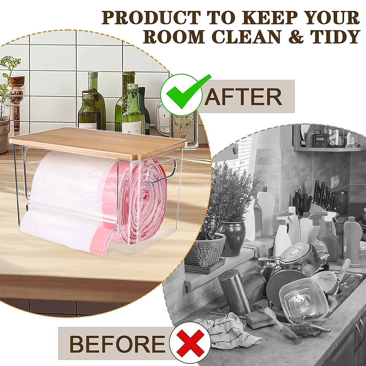 Hiitytin Trash Bag Dispenser Roll Holder, Trash Bag Holder Dispenser with Bamboo Top & Handles, Extra Large Garbage Bag Holder Dispenser Trash Bag Organizer Under Sink