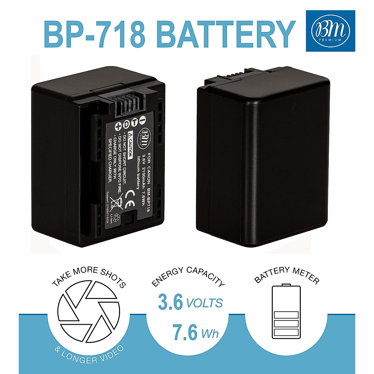 BM Premium 2 BP-718 Batteries and Charger for Canon Vixia HFR80, HFR82, HFR800, HFR70, HFR72, HFR700, HFM500, HFR30, HFR32, HFR300, HFR40, HFR42, HFR400, HFR50, HFR52, HFR500, HFR60, HFR62, HFR600
