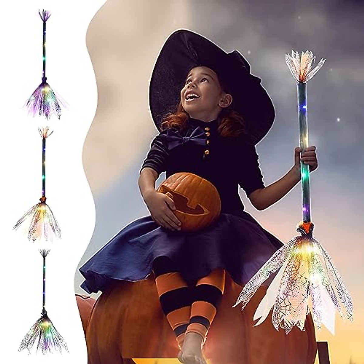 Halloween Witch Broom, 25 in LED Light Decorated Broomstick Witch Sweeper, Kids Cosplay Wicked Broomstick Props (Purple)