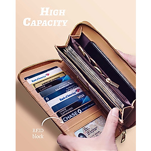 Yarnic Brown Women's Wallet Wristlet Band Wallet Credit Card Wallet Holder Money Pockets Women Clutch Case Coin Money Clip Organizer Purse with RFID Blocking Large Capacity with Zipper Tan