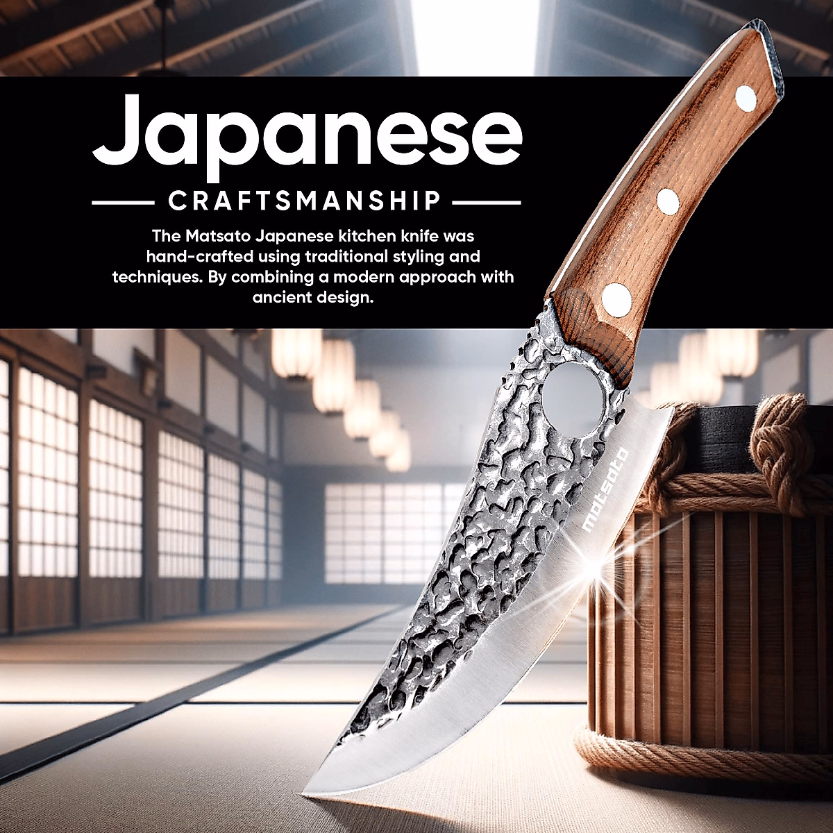 Matsato Chef Knife - Perfect Kitchen Knife. Japanese Knife for Cooking, Chopping. Japanese Style Knife for Home, Camping, BBQ. For Balance & Control