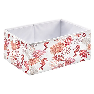 Kigai Coral Seahorse Storage Bins Cube Foldable Storage Baskets Bin Waterproof Home Organizer with Handles Basket for Toy Nursery Blanket Clothes, 11x11x11 Inch