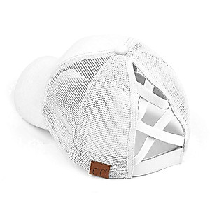 Funky Junque Ponytail Messy Bun Trucker Ponycap (Mesh - White w/Criss Cross Back)