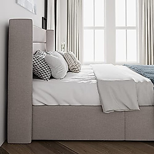 SHA CERLIN Queen Size Lift Up Storage Bed/Modern Wingback Headboard/Upholstered Platform Bed Frame/Hydraulic Storage/No Box Spring Needed/Wood Slats Support/Light Beige