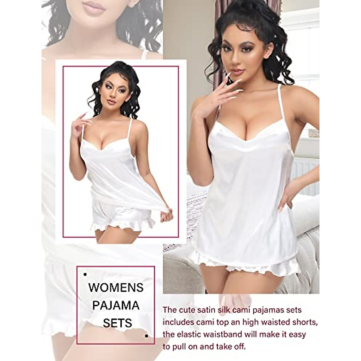Kwunbwa Women's Sexy Silk Sleepwear Cowl Neck Pajamas Sets Satin Cami Shorts Sleeveless PJ Sets Lingerie, White, Small