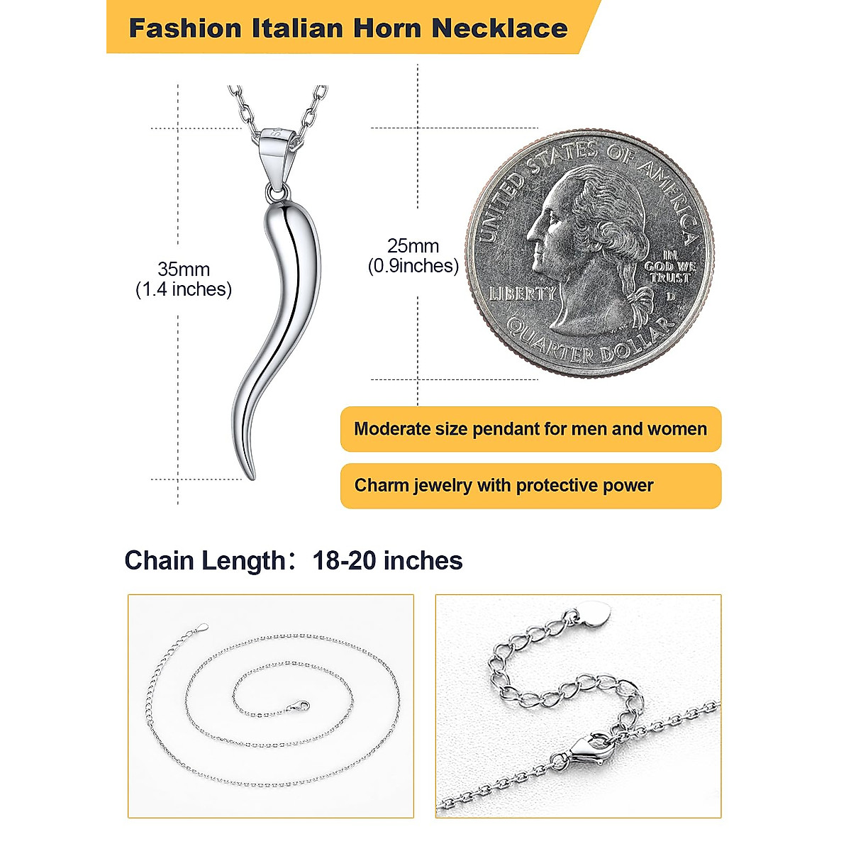 U7 Italian Horn Pendant for Car Sterling Silver Lucky Pepper Pendant Cornicelli Necklace 18 Inch