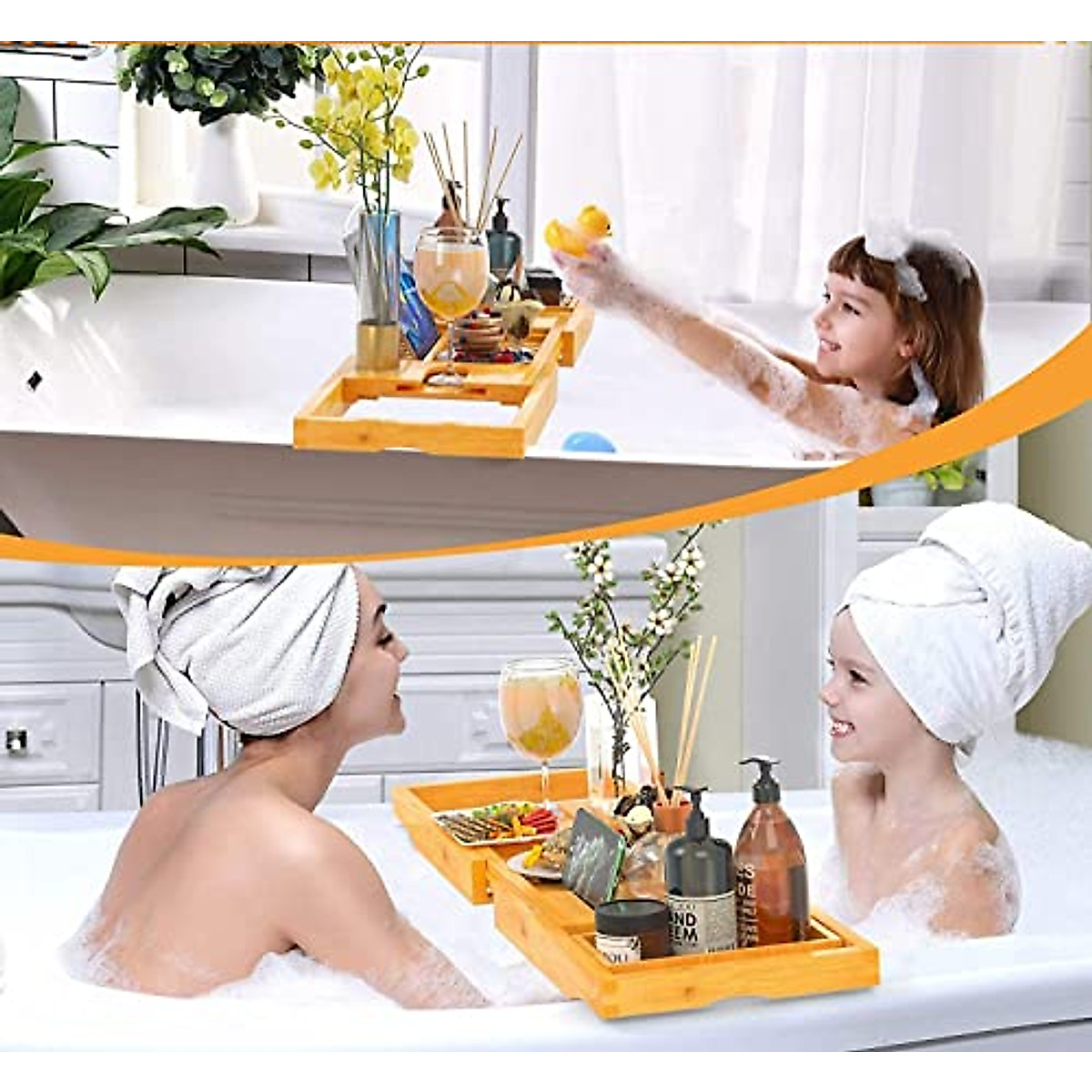 Sorfity Bathtub Caddy & Laptop Bed Desk - 2 in 1, Bath Tray Built-in Stand for Books or Tablets, Bathtub Holder and Organizer with Smartphone and Wine Glass Holder, Tablet Holder