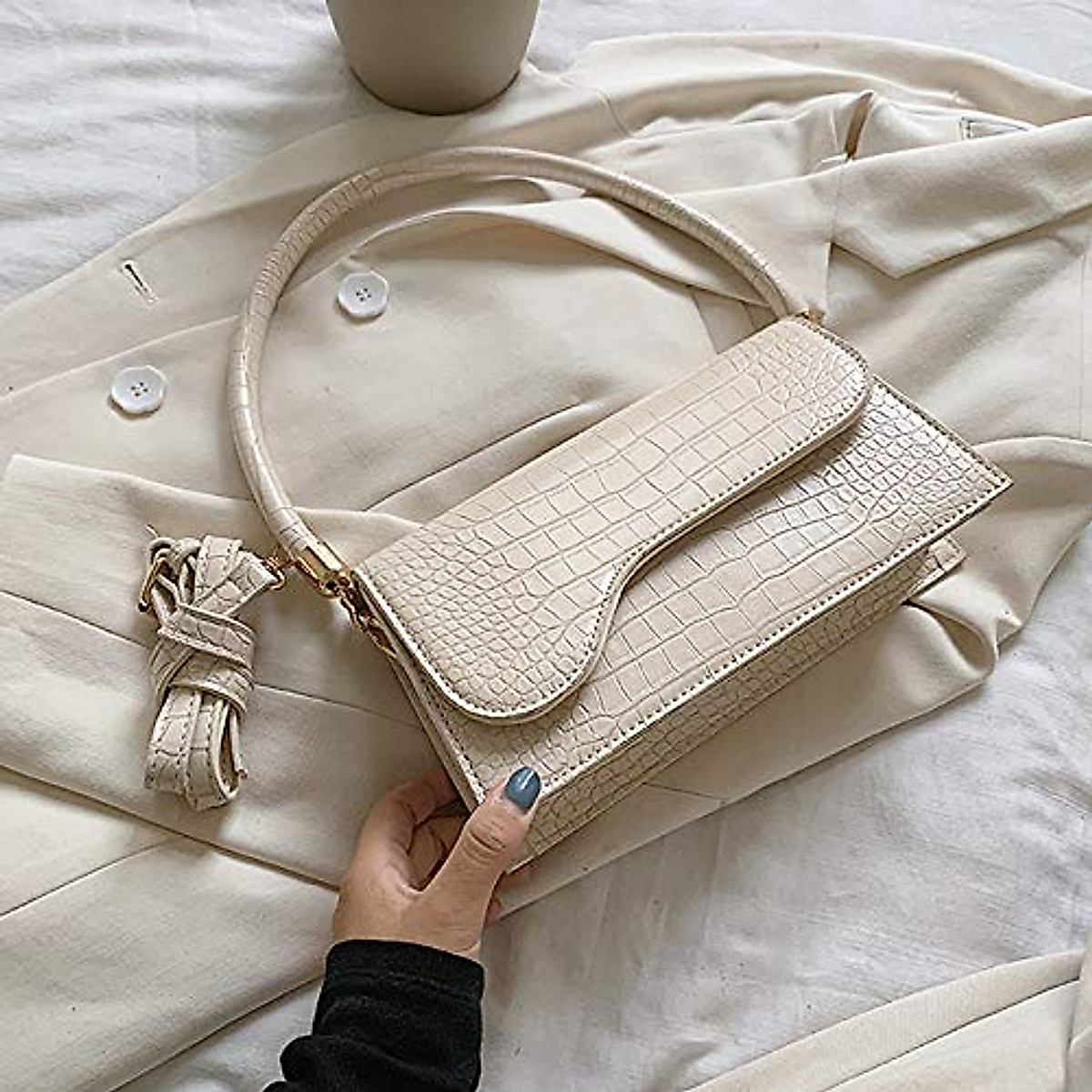 AMHDV Retro Classic Clutch Shoulder Bag Crocodile Pattern Small Crossbody Handbag for Women (03off-white)