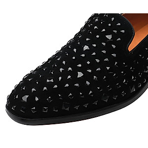 ELANROMAN Loafers Men Black Dress Fashion Tuxedo Rhinestones Slip-on Moccasins Wedding Shoes US 10.5