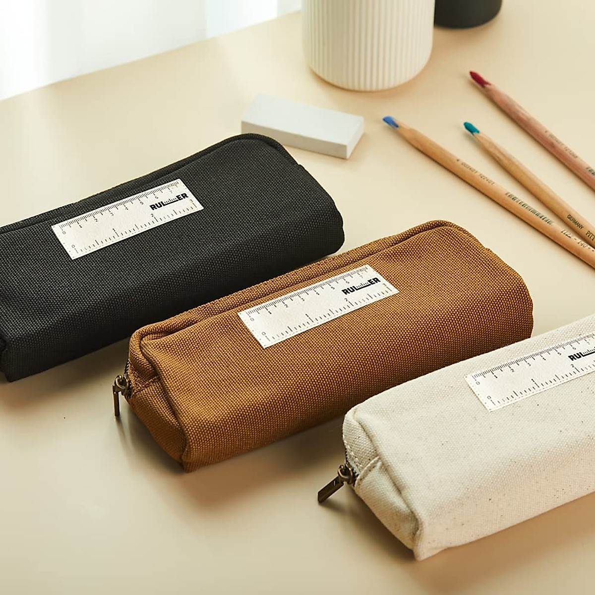 Pencil Case Trilly Premium Canvas Pencil Pouch Made of Resilient Canvas Fabric Multi Purpose Pencil Bag with Smooth Zipper Highly Portable and Lightweight College School Supplies (Canvas Ivory)