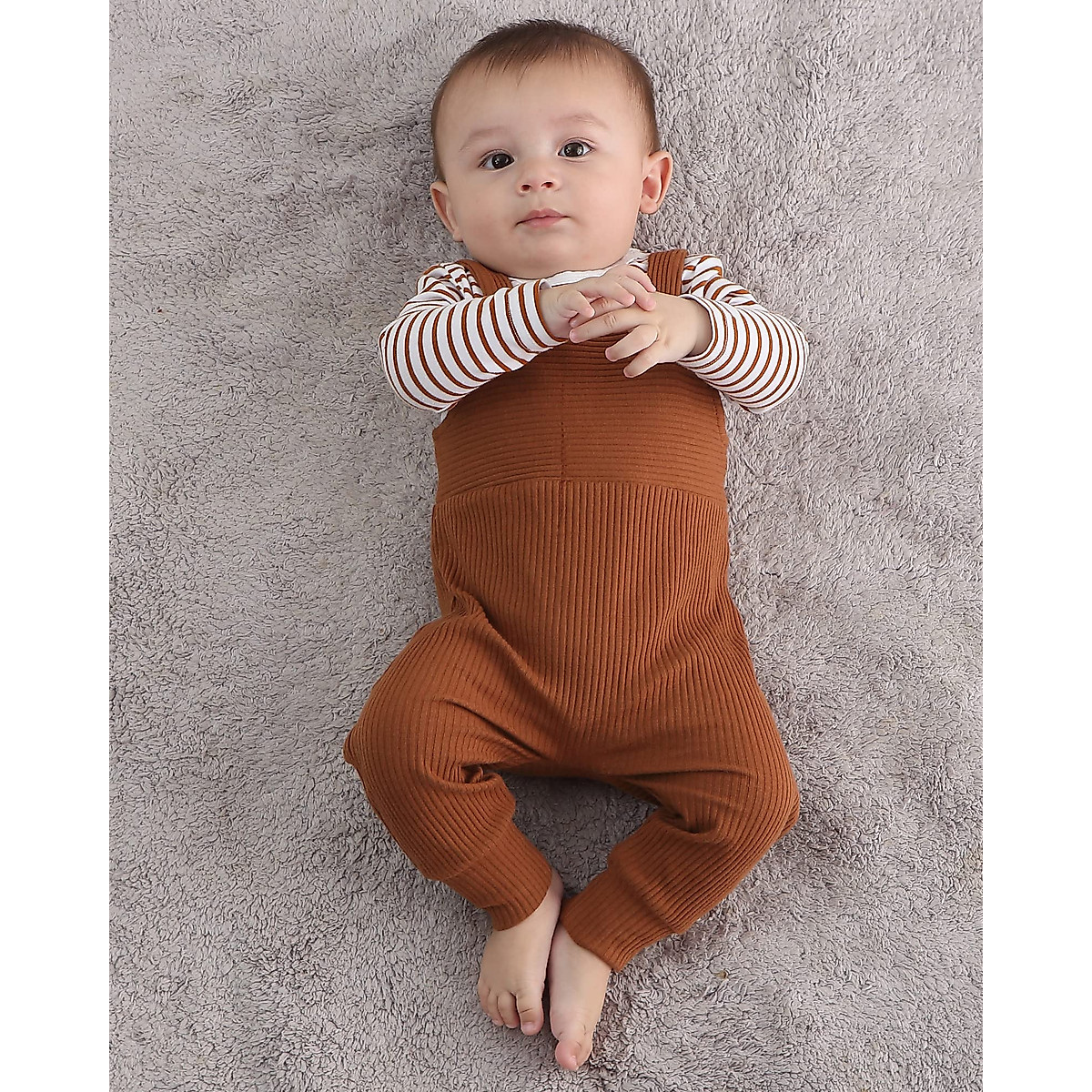 YUEMION Baby Boy Clothes 3 6 Months Newborn Infant Boy Outfits 2Pcs Stripe Top Romper Pants Set Overalls Toddler Boy Clothes(Brown, 3-6 Months)