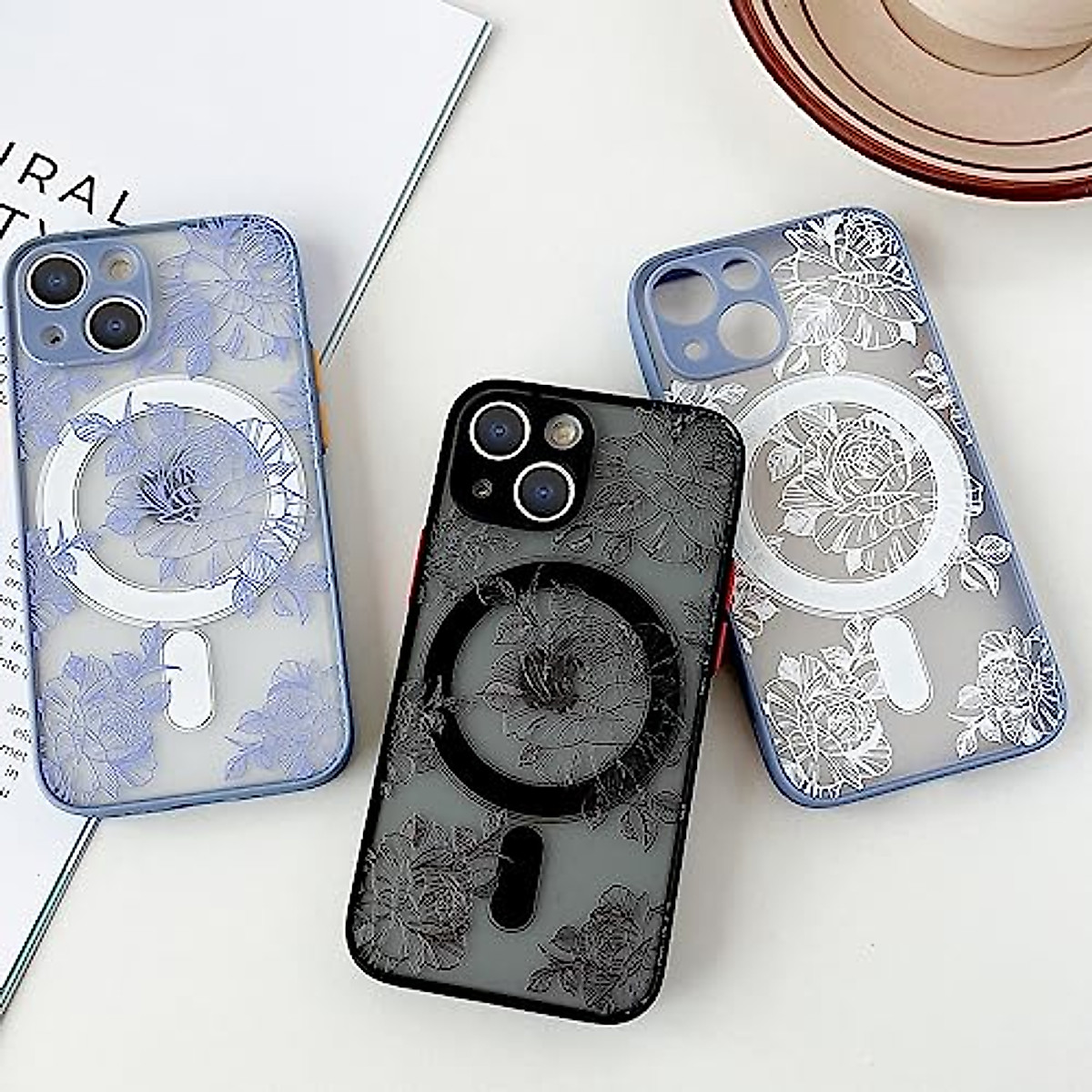 Skyseaco for iPhone 13 Mini Case Compatible with MagSafe for Black Frosted PC Back Protector Flower Shockproof Black Floral Blooms Design Protective Women Girls Phone Case - Flower Blooms/Black