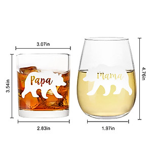 Modwnfy Mama Bear Papa Bear Whiskey ＆ Wine Glass Couples Set, New Parents Gifts, Pregnancy Announcement, New Mom ＆ New Dad Gifts, Gifts for Couples, Valentines Birthday Anniversary Baby Shower