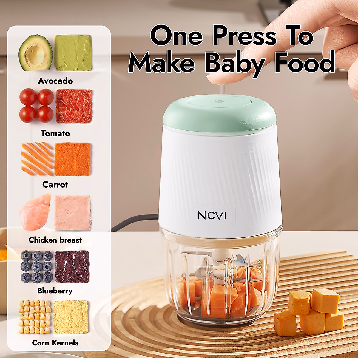 NCVI Puree Baby Food Processor Glass Set, Mini Infant Food Maker Blender Machine with 8 Blades and Grinding Disc, Small Blender Including Food Containers, Silicone Tray and Tableware, Green