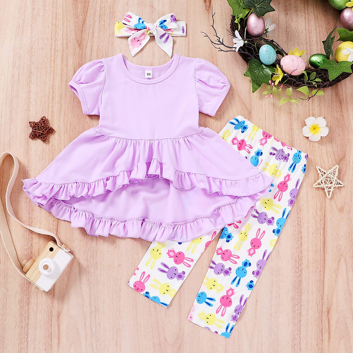 YOUNGER TREE Toddler Baby Girl Easter Outfits Ruffle Tops Dress Cartoon Rabbit Print Long Floral Pants Cotton Clothes Set (4-5T, Purple top dress+rabbit floral pants)
