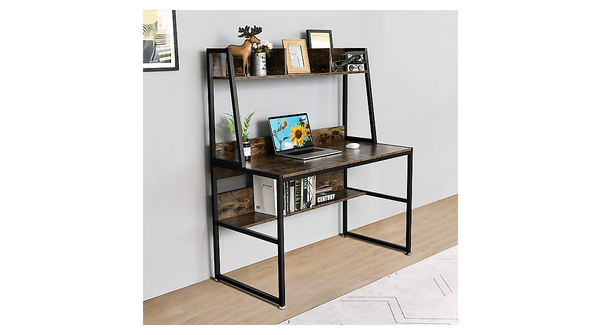 LAVIEVERT 47-Inch Rustic Brown Computer Desk with Hutch & Bookshelf