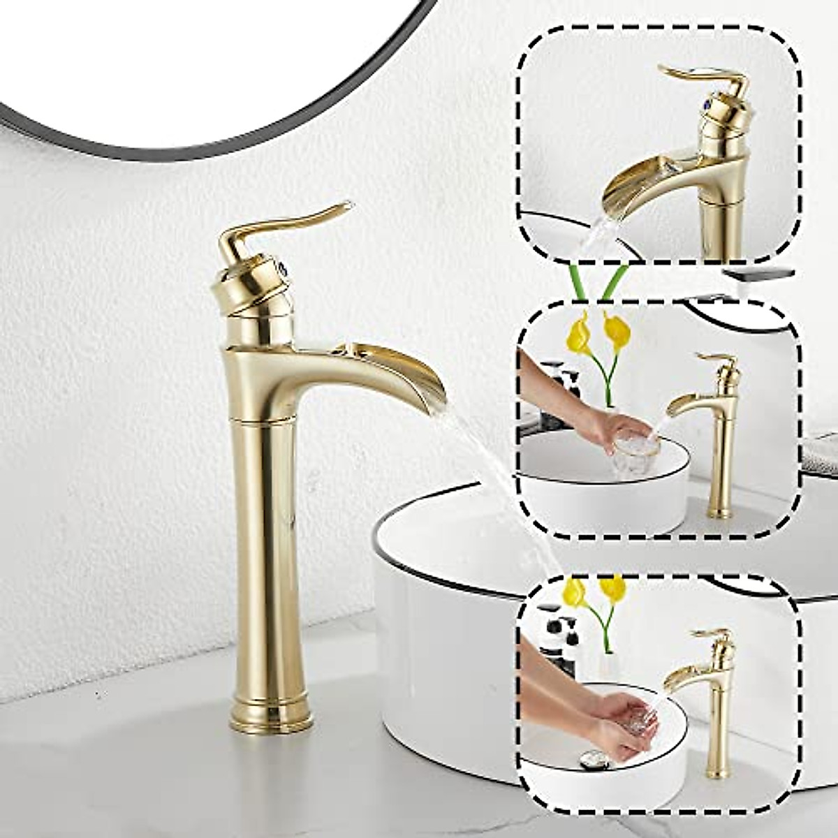 Brushed Gold Bathroom Faucet GGStudy Waterfall Bathroom Faucet Single Handle One Hole Tall Body Farmhouse Bathroom Vessel Sink Faucet Vanity Faucet Matching with Pop Up Drain