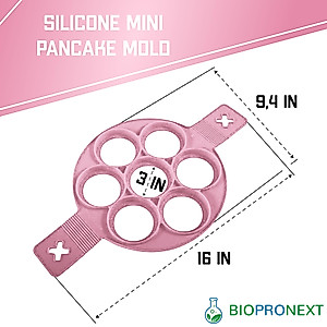 BIOPRONEXT Silicone Non Stick Pancake Maker - 7 Circles Mini Pancake Mold - Silicone Pancake Mold - Silicone Egg Rings for Griddle with Handles - Pancake Molds for Griddle Frying Eggs - Pink