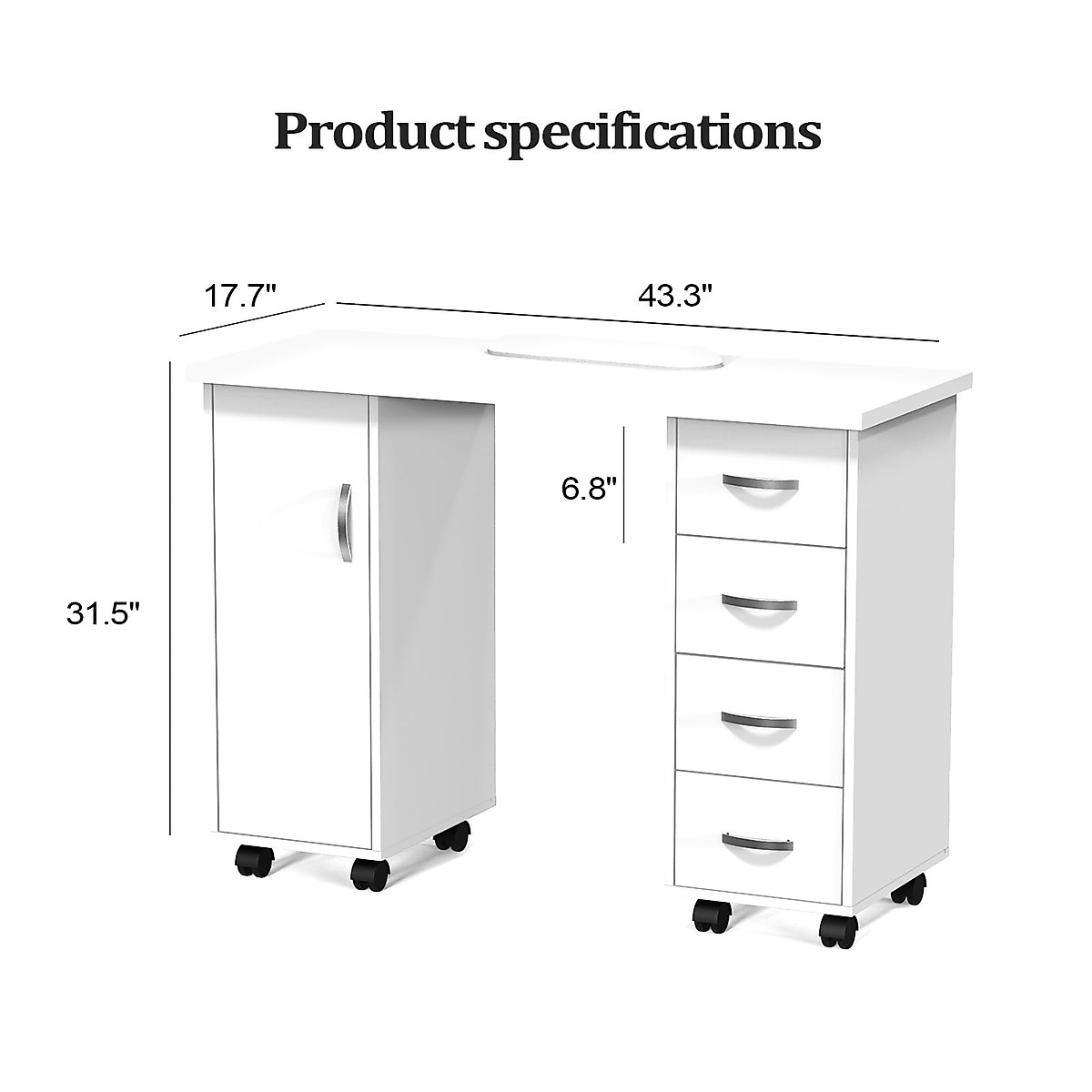 mefeir Manicure Table Nail Desk w/Cabinet, Drawers, Wheels & Wrist Rest, Spa Salon Beauty Home Wooden Technician Workstation Nail Art Equipment for Nail Tech