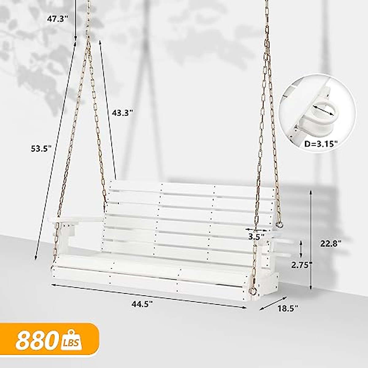 VINGLI Heavy Duty 1600 LBS HDPE Porch Swing Outdoor with Rotatable Cup Holder, 4 FT Patio Bench Swing with Adjustable Chains, 2 Person Hanging Porch Swing Chair for Porch, Yard, Tree, Garden - White