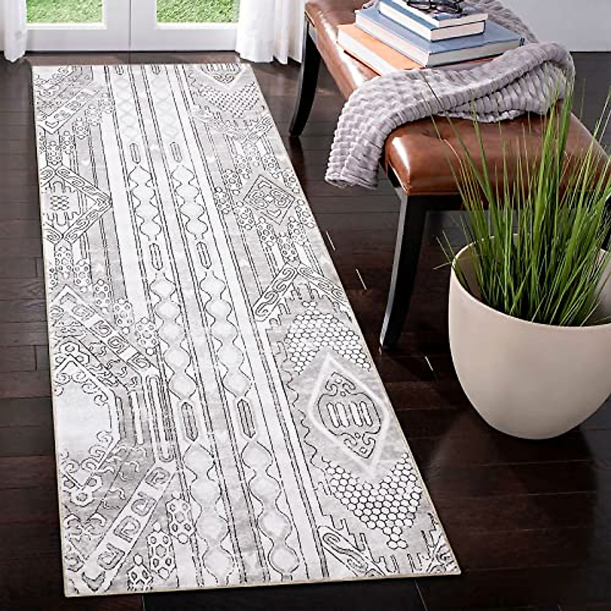 Abstract bloom Boho Chic Tribal Distressed Runner Rug 2'X6', Monaco Collection Area Rug for Living Room Washable Farmhouse Geometric Super Soft Throw Rug for Bedroom Bathroom Office Dorm (Brown 2'X6')