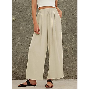 Beaully Women Linen Pants High Waist Wide Leg Palazzo Pants Casual Loose Long Trousers with Pockets 6096 Apricot Small