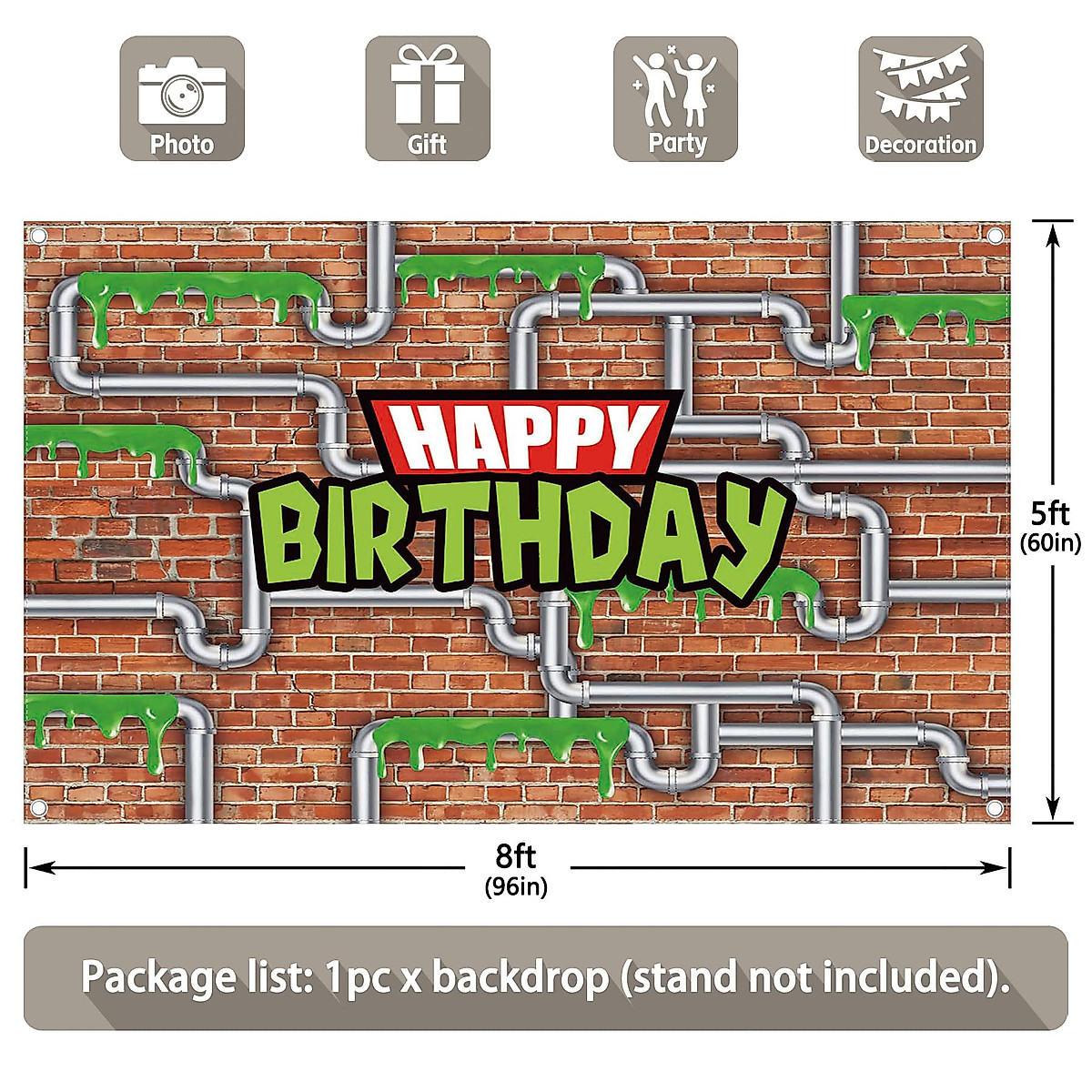 Yriujul 96x60inch Anime Kids Birthday Backdrop Cartoon Ninja Tortoise Party Banner Water Pipe Red Brick Wall Photography Background Photo Props