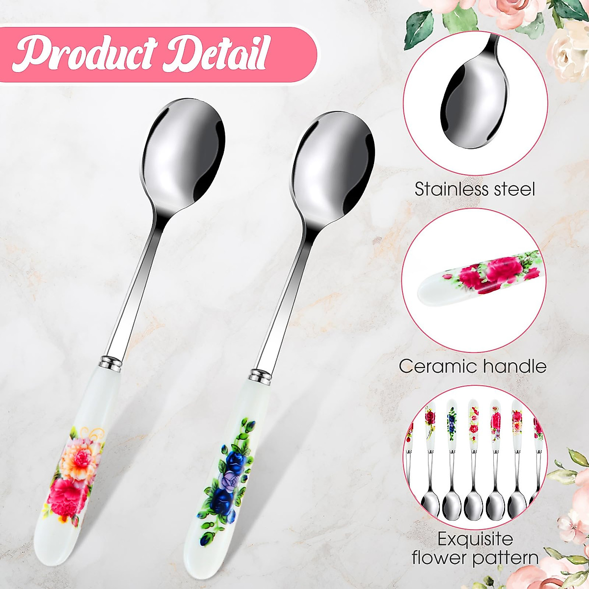 Hushee 36 Pcs Stainless Steel Dessert Spoons Coffee Tea Spoons for Tea Party 6 Inch with Ceramic Handle Chinese Floral Coffee Spoons Soup Spoons Sugar Spoons for Home Tableware Tea Party Supplies