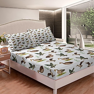 Queen Size Duck Bed Sheet Set Boys Girls Wild Duck Print Fitted Sheet for Kids Women Men Ultra Soft Grey Bedding Set Duck Hunting Bed Cover Room Decor