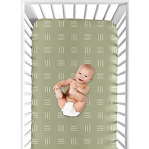 Sweet Jojo Designs Sage Green Boho Mudcloth Boy or Girl Fitted Crib Sheet Baby or Toddler Bed Nursery - White Bohemian Woodland Tribal Southwest Mud Cloth Hatch Gender Neutral Triple Line