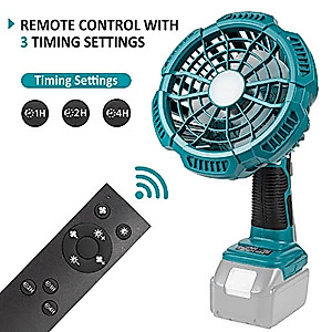 Portable Table Fan, 18V Battery Operated Fan with LED Light, Quiet Small Personal Fan 3 Speed Strong Airflow, Adjustable Tilt Remote Control Rechargeable Fan for Tent, Bedroom, Office, Jobsite